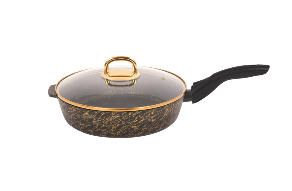 Кукмара грация (КМ-cгчз262а), Сковорода глубокая 260мм, со съёмной ручкой, антипригарное покрытие, черный/золото, со стеклянной крышкой
