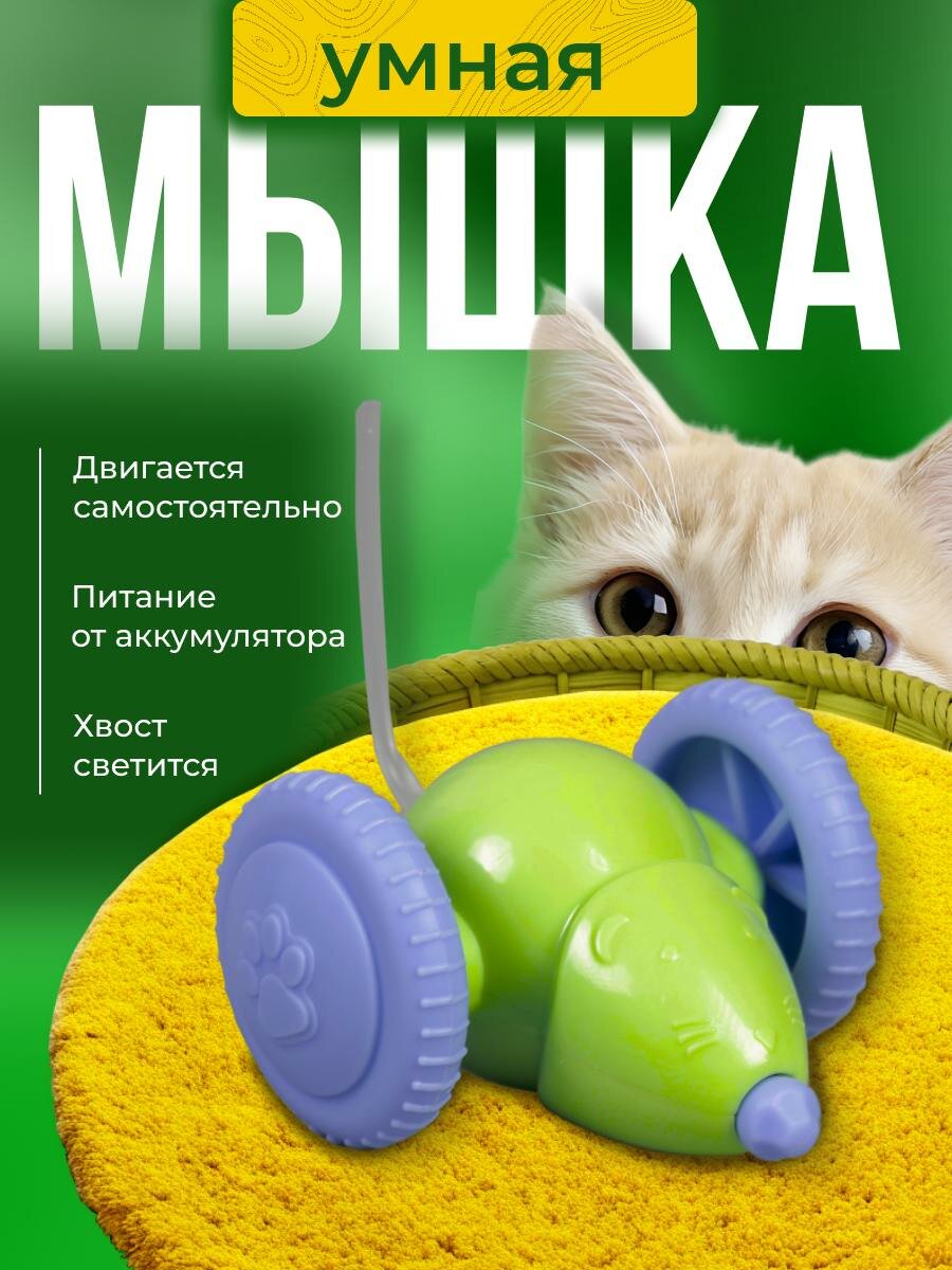 Интерактивная мышка для кошек / Умная игрушка для домашних животных зеленая