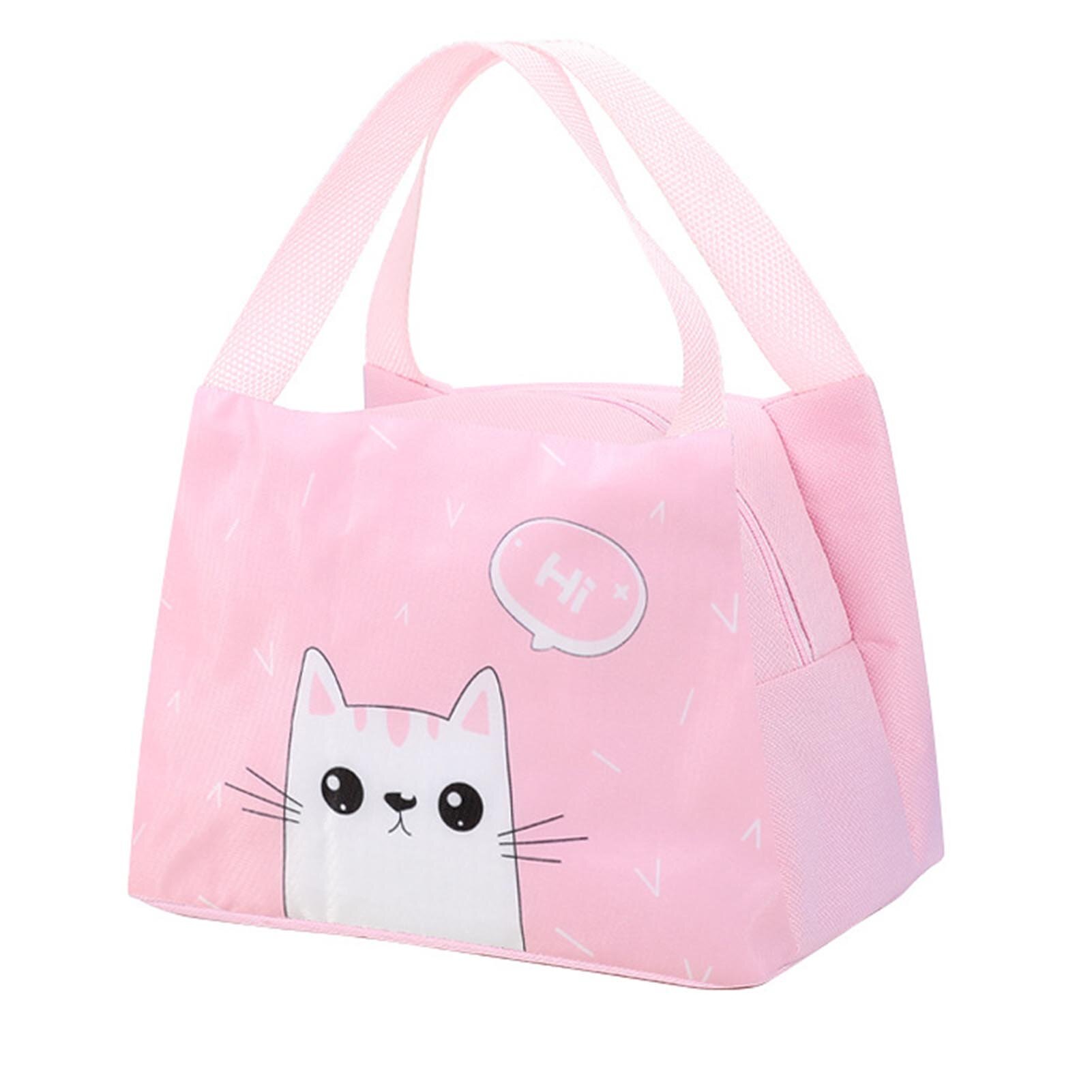 Lunch Bag Insulated Aluminum Foil Large Capacity Handheld Portable Cute Cartoon Pink Cat