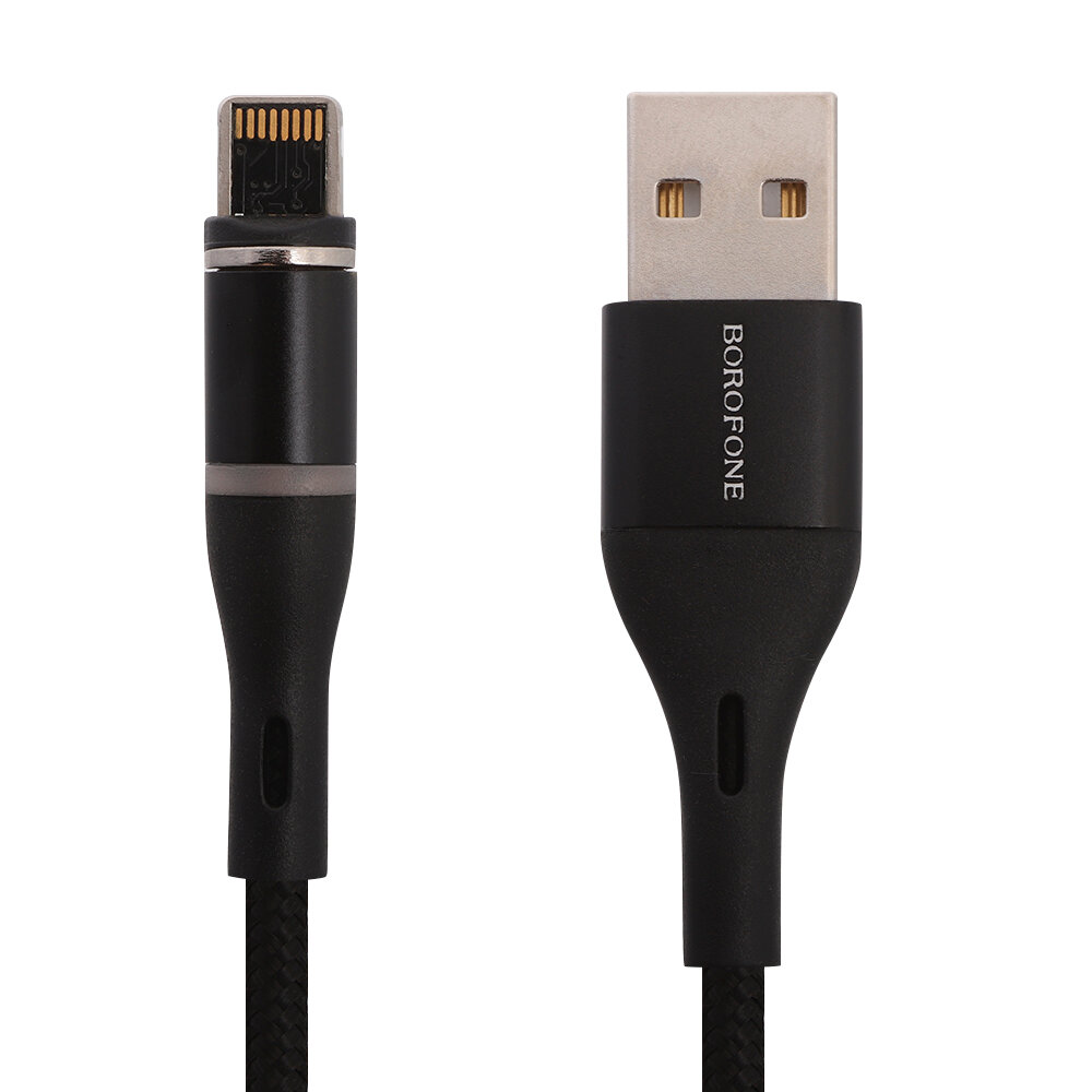 USB кабель BOROFONE BU16 Skill Lightning 8-pin, 2.4А, LED, магнитный, 1.2м, нейлон (черный)