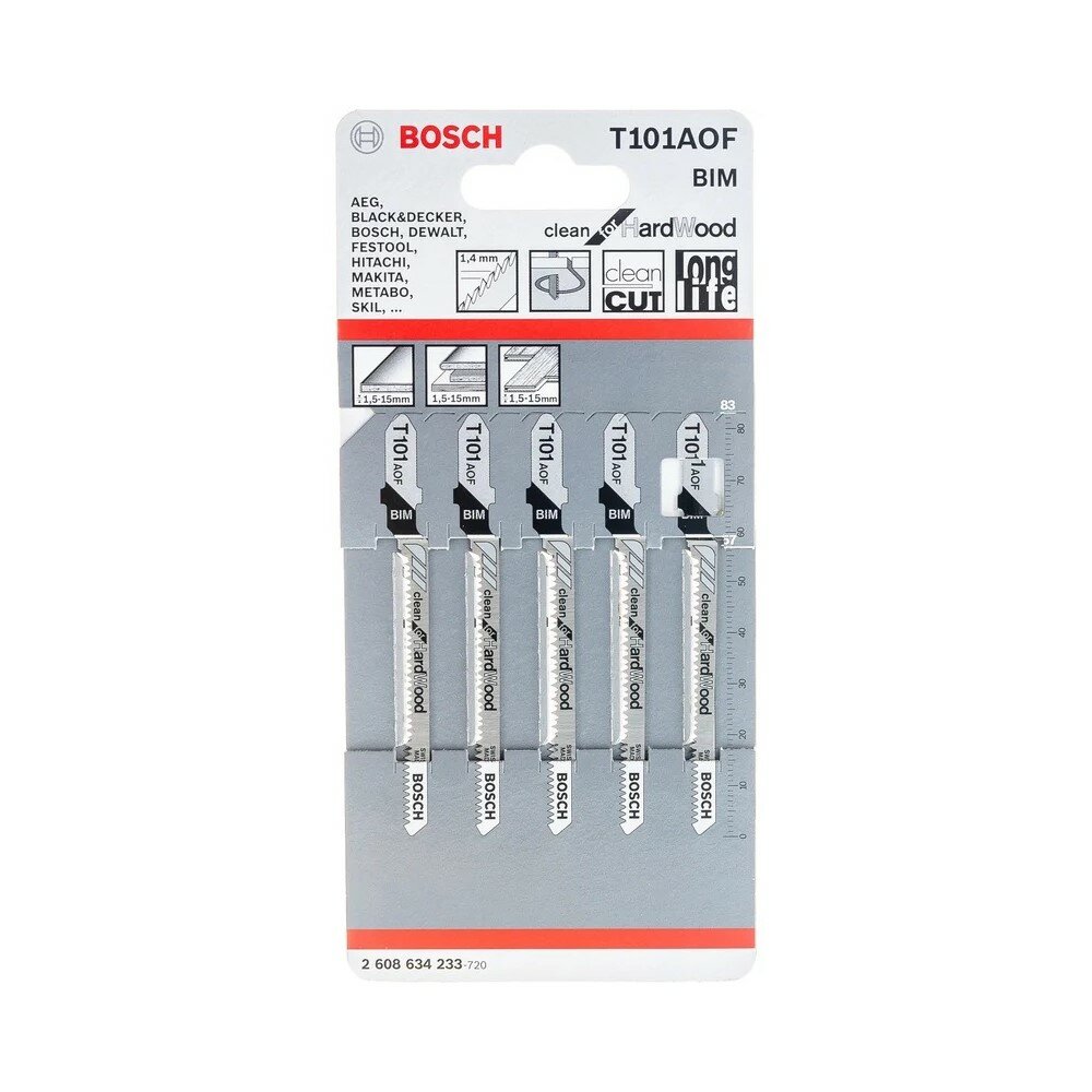 Пилки для лобзика BOSCH T101AOF по дереву, фигурный рез, 5шт