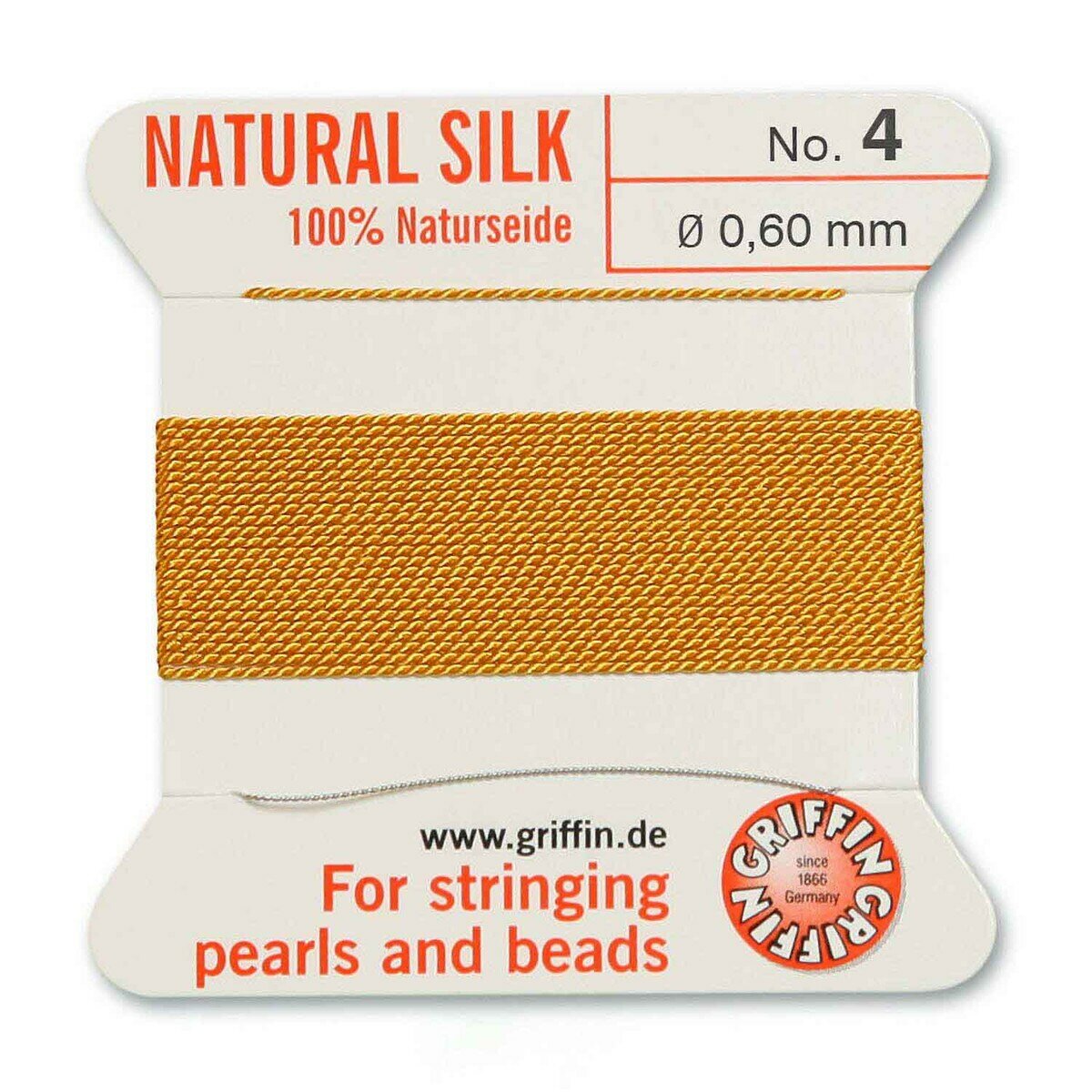 Нить шелковая, Griffin No.4 (0.6мм), янтарная, с иглой, моток, 2 метра