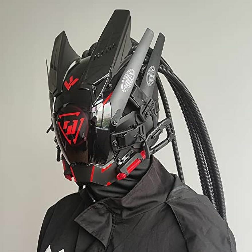 Маска киберпанка с круглыми огнями и косами, подходящая для вечеринок и музыкальных фестивалей.