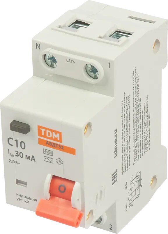 Дифференциальный автомат Tdm Electric АВДТ-32 1P N C10 A 30 мА 4.5 кА AC SQ0202-0501