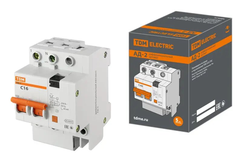 Дифференциальный автомат TDM Electric АД-2 2Р 16 А 30 мА 4.5 кА АС