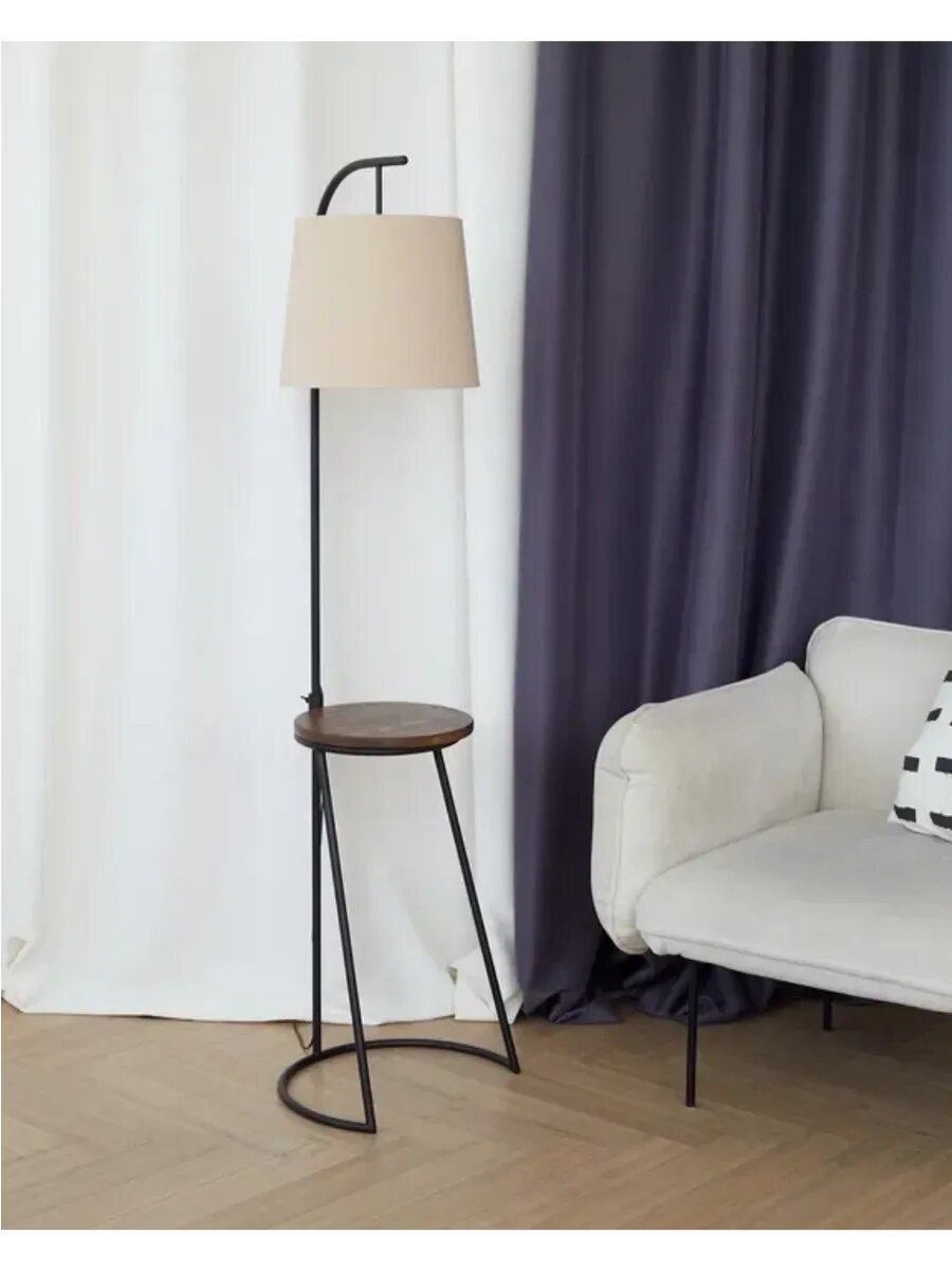 Торшер напольный черный с молочным абажуром в стиле лофт со столиком, светильник напольный классический, Гермес, E27