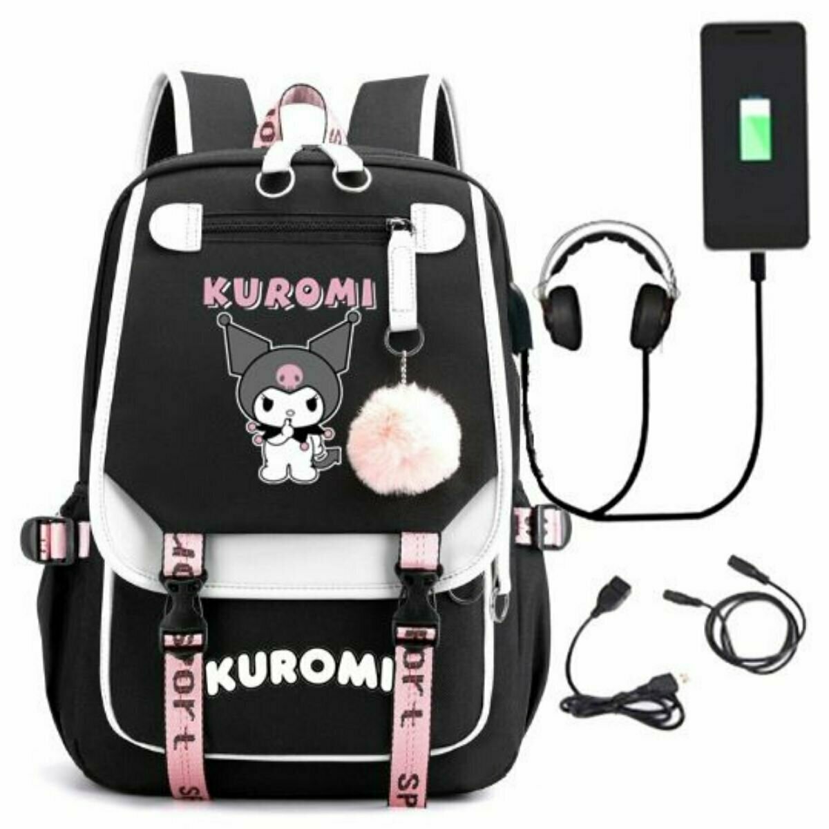 Рюкзак Hello Kitty Куроми, USB-выход, брелок, нейлон, влагонепроницаемый, белый