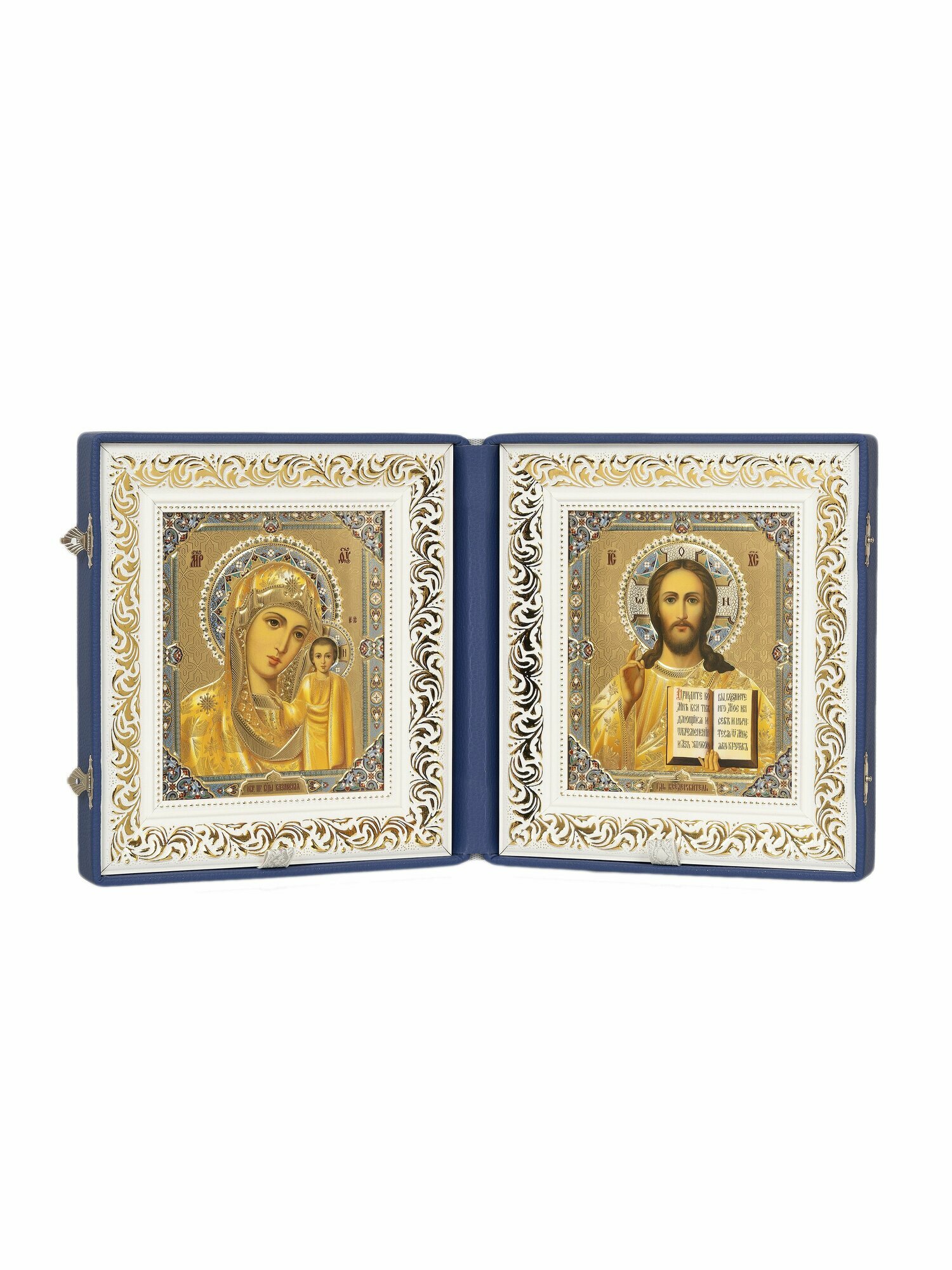 Складень венчальный. Синяя кожа, узорные вышитые уголки и крест, 25х22см
