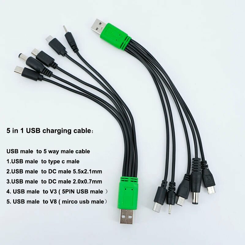 20 см 5 в 1 USB штекер на 5-контактный тип c DC 5,5x2,1 мм 2,0x0,7 мм штекер мини 5P V3 V8 mirco USB штекерный кабель для зарядки