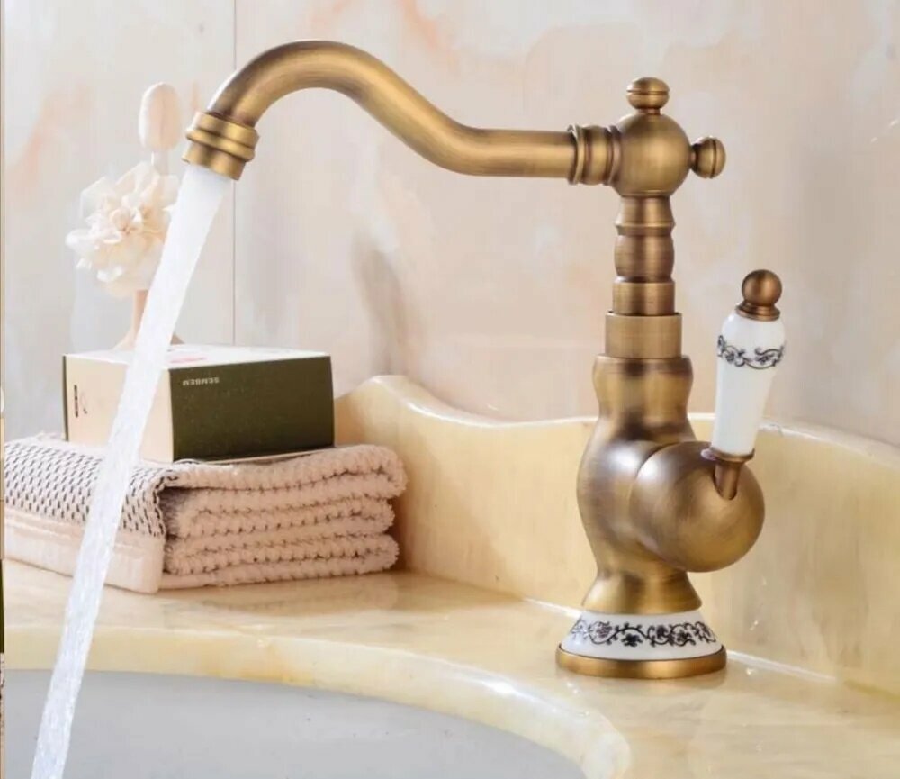 Смеситель латунный в стиле ретро с керамическим узором бронза