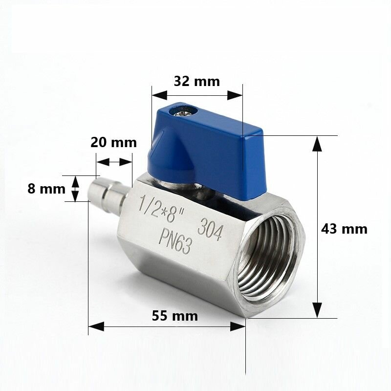 Кран штуцер DN 1/2-8 mm, Резьба ВР, из нержавеющей стали AISI 304