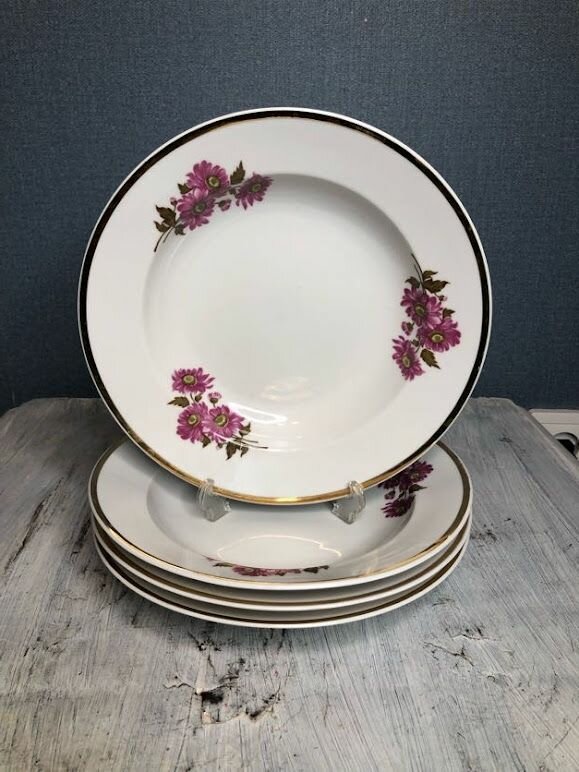 Набор глубоких тарелок, винтажный, 4шт з-д Дулево "АСТРЫ&ЛЮБОВЬ", 24см, фарфор, позолота