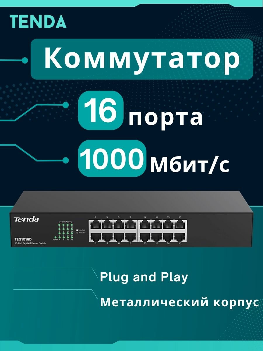 Tenda Коммутатор, TEG1016D,16-портовый,10/100/1000 Mbps