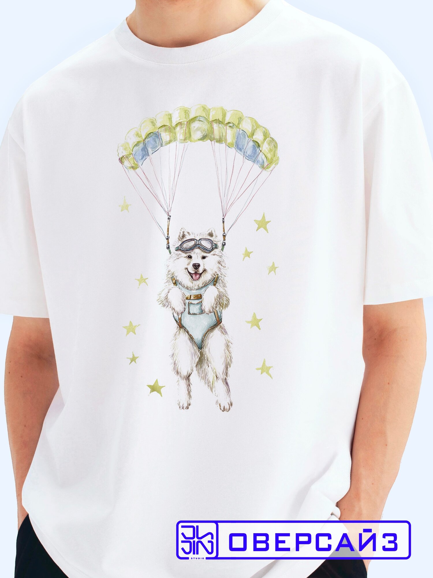 Футболка оверсайз мужская с принтом Смешная веселая собака с парашютом в светло зеленом и светло голубом экстриме, белый хлопковый трикотаж с прикольным рисунком на груди
