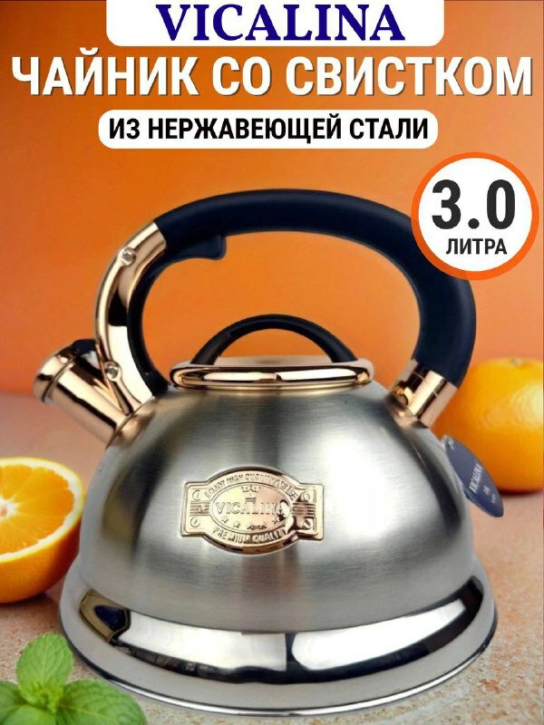 Чайник со свистком для плиты 3л, нержавеющая сталь VICALINA VL-9273