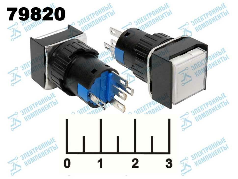 Кнопка 250/3 AL6-A белая квадратная с фиксацией 5 контактов (подсветка 12V)