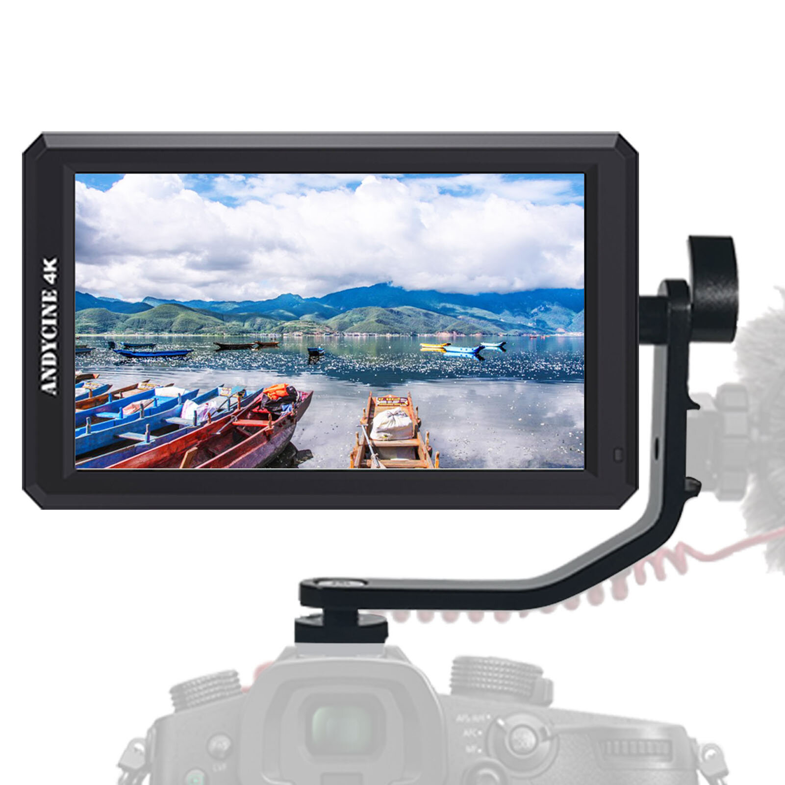 ANDYCINE A6 монитор для камер DSLR Director Video Monitor 5.7 дюйм, 450 нит, 4K HDMI вход, DC 8V выход, 3.5mm разъем для наушников, 1920x1080, 170°, DC12V, для Sony Canon DSLR, 1 монитор, HDMI кабель, креновый кронштейн, солнцезащитный козырек,