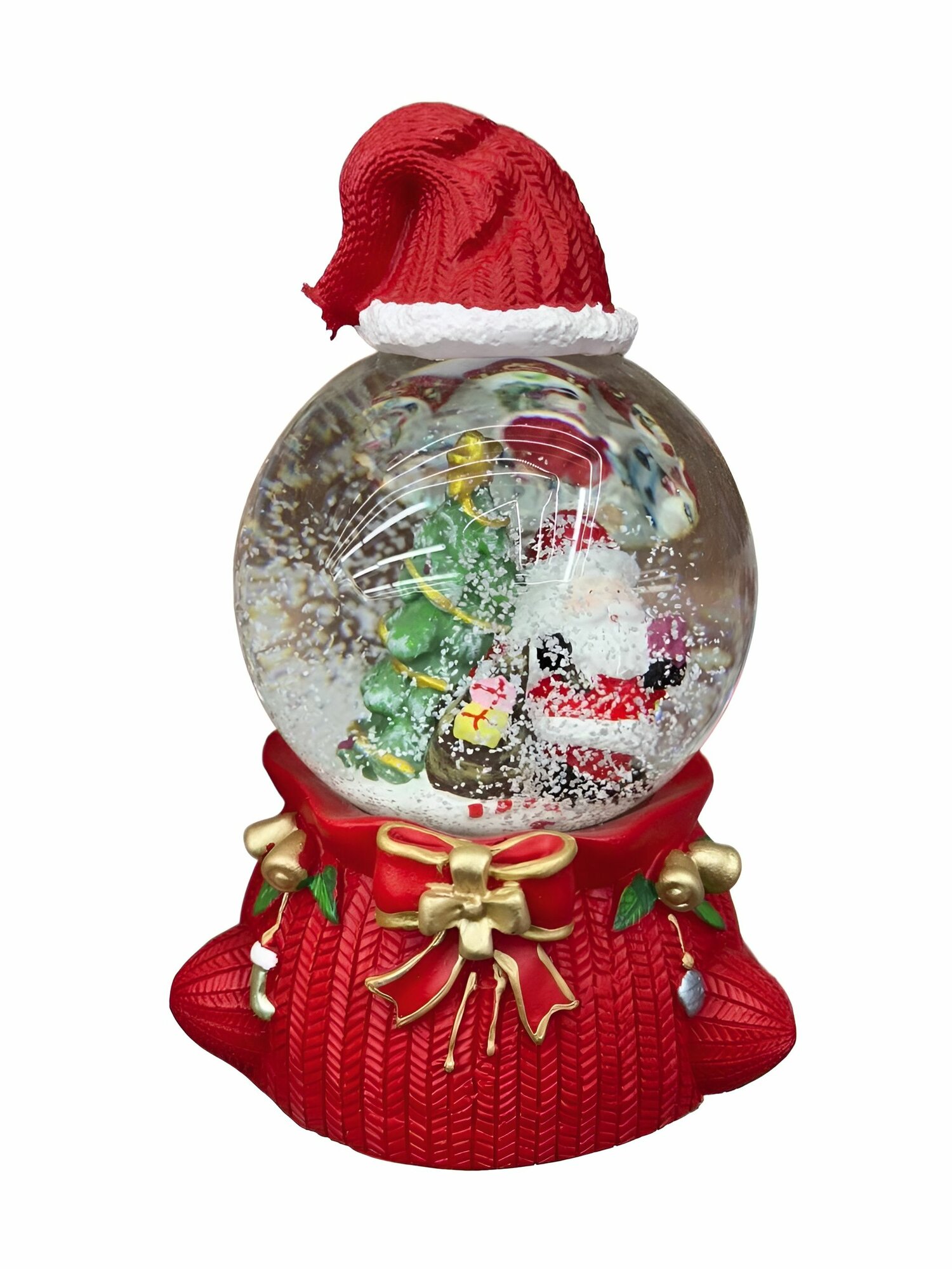 Снежный шар 8 см Дед Мороз с подарками музыкальный, новогодний сувенир с подсветкой