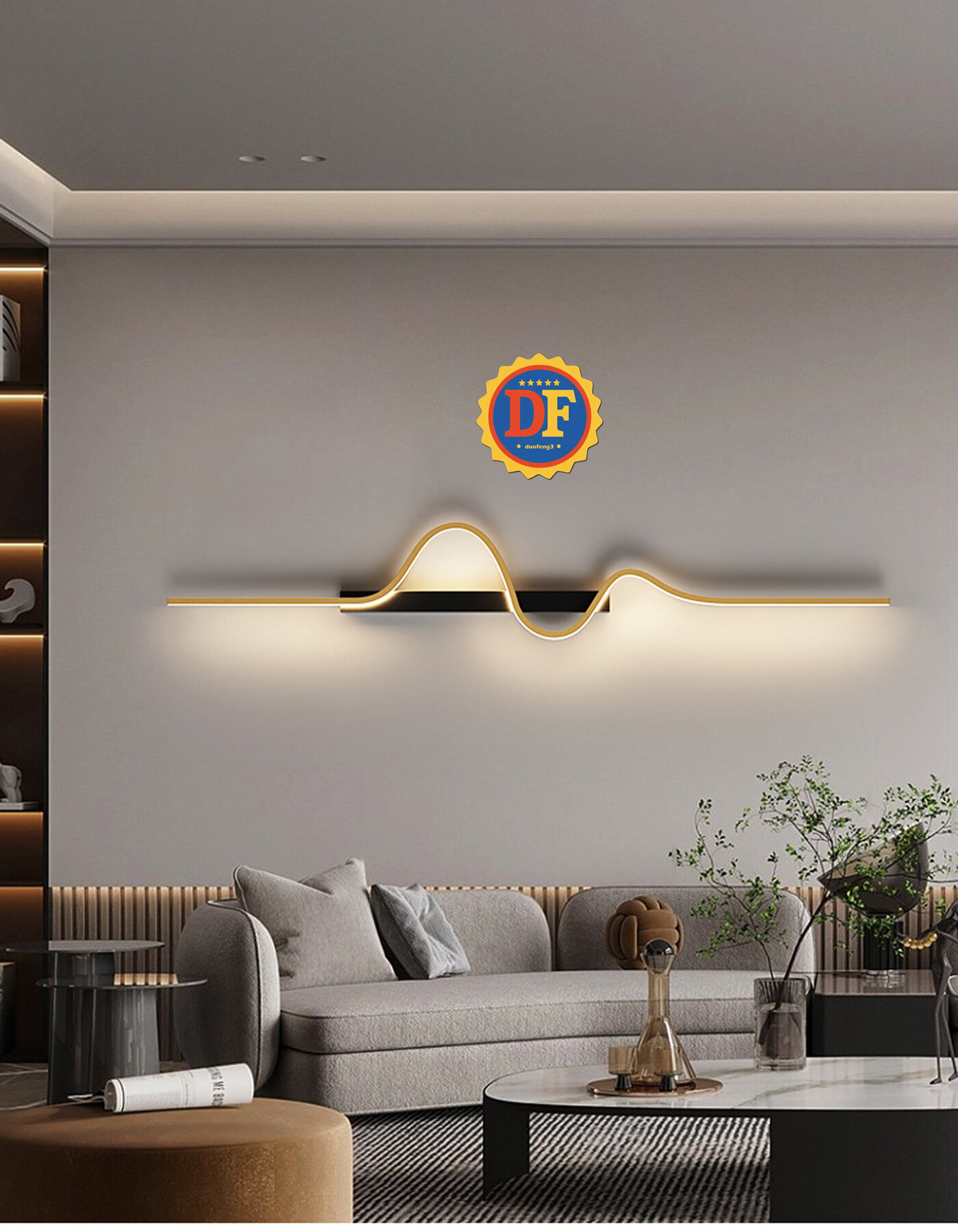 Волнообразный светильник 100 см для гостиной — постиндустриальный бра 22 Вт, алюминиевый, Белый свет，Черное золото