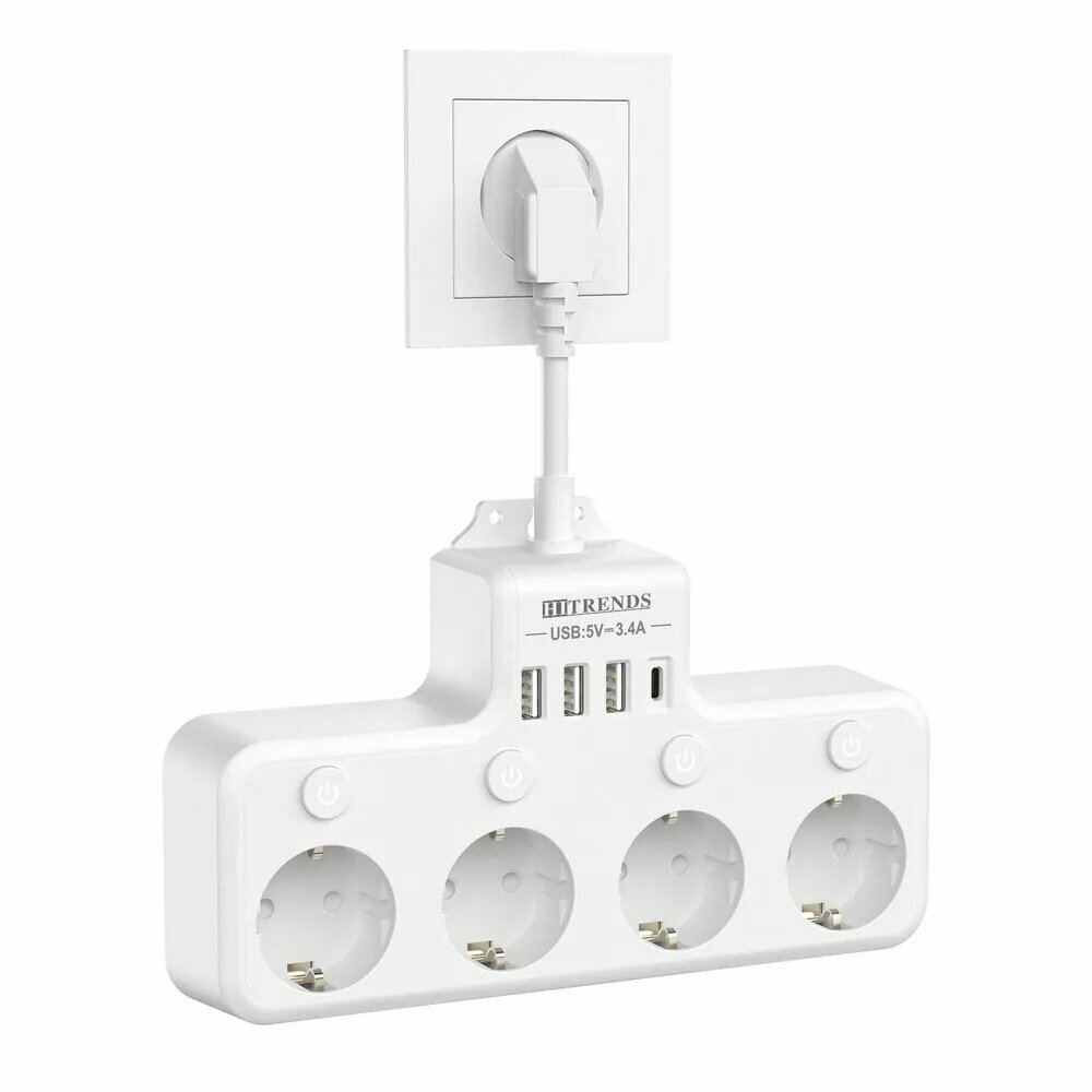 HITRENDS Короткий удлинитель с 4 розетками и 3 USB + 1 Type-C, индивидуальные выключатели, 4000W 16A 250V, огнестойкий и пылезащитный