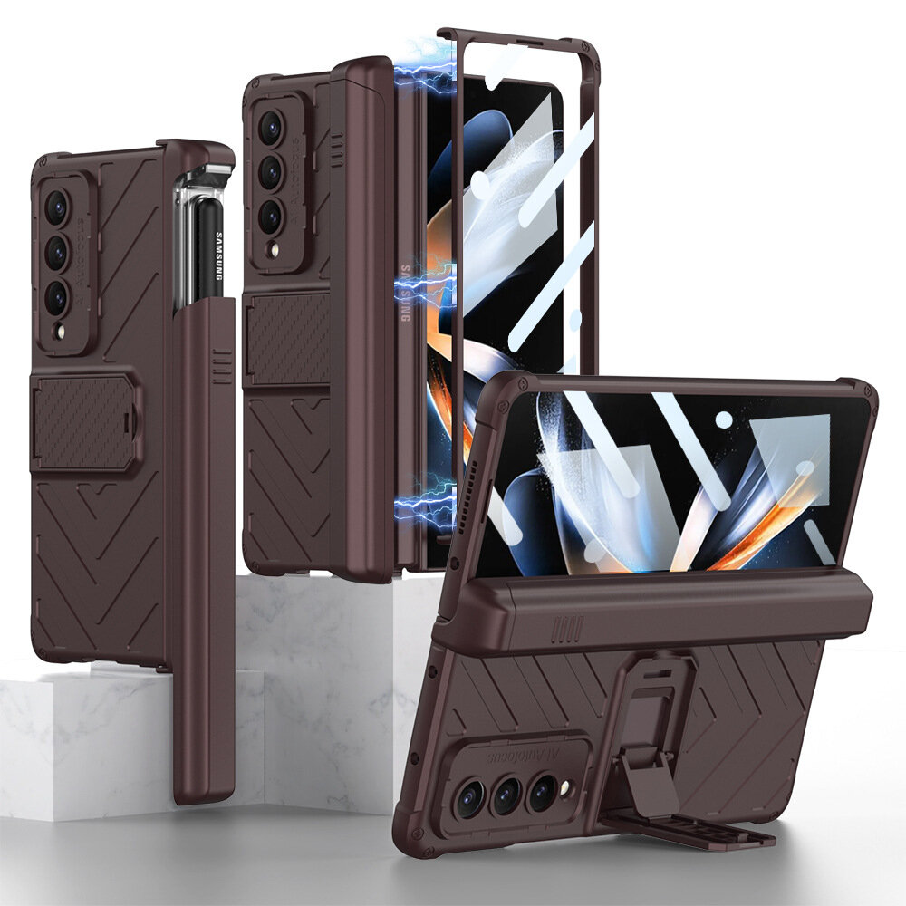 Смартфон Samsung Z Fold4 Магнитный Складной Бронированный Чехол с Проворотным Крышкой, Цвет: Винный Красный, Без Пенал