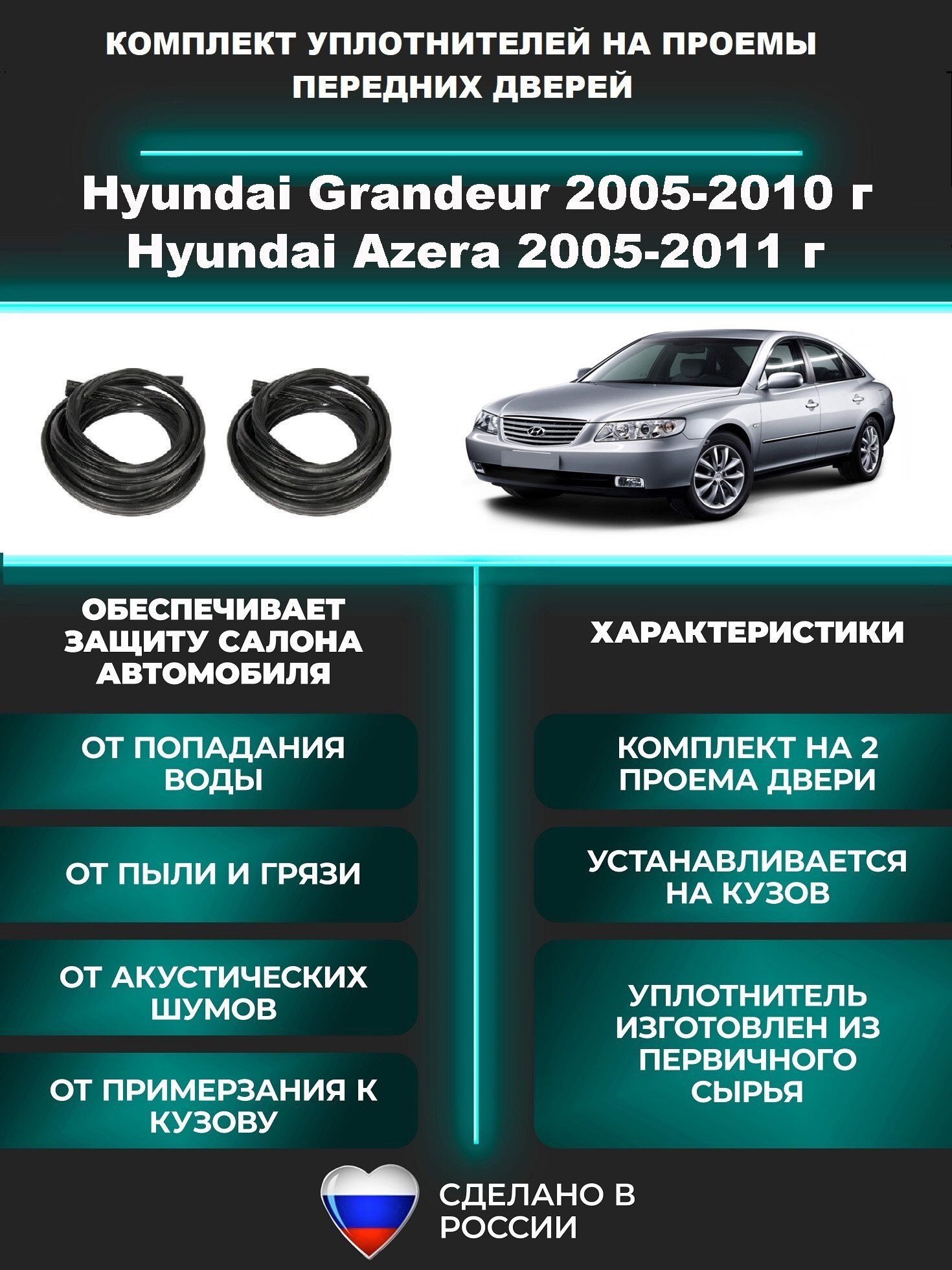 Комплект уплотнителей проема передних дверей, подходит на Hyundai Grandeur IV, Hyundai Azera I 2005-2011 г, Хендай Грандер, Хендай Азера 2 шт