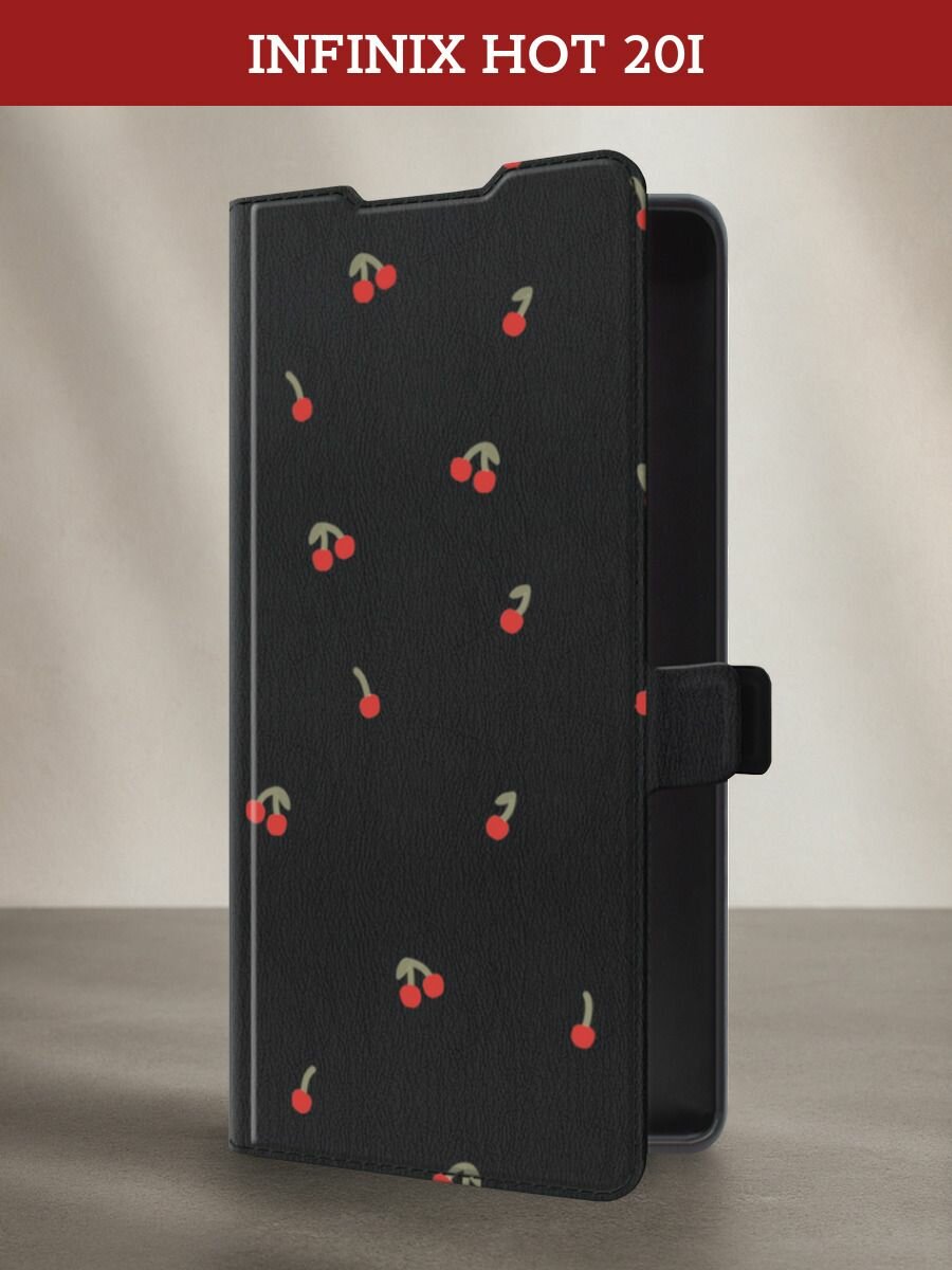 Чехол-книжка на Infinix HOT 20i / Инфиникс Хот 20i с принтом Милые вишенки, черный