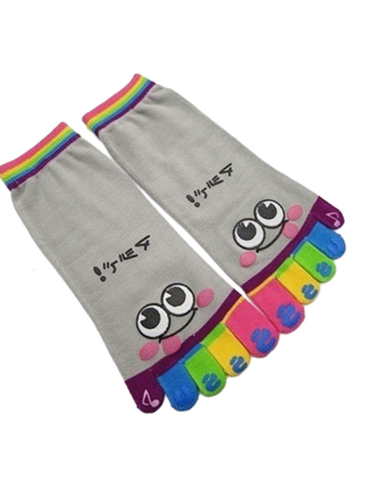 Женские носки с пятью пальцами, хлопковые, с мультяшным принтом, Серый