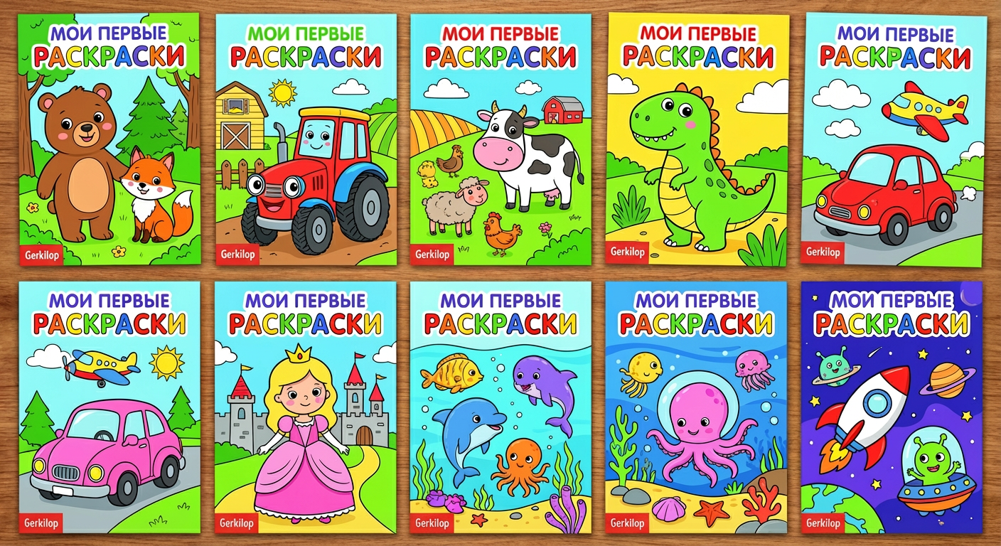 Первые раскраски для малышей — набор из 10 простых книжек с 10 страницами в каждой для детей 1–3 лет, скачать PDF