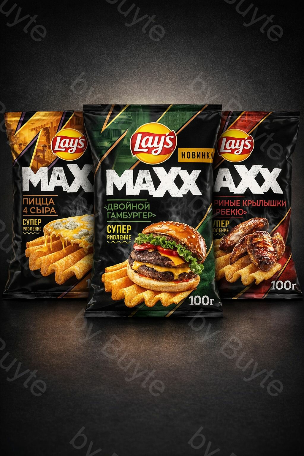 Чипсы картофельные LAY'S/ Лейс Махх / Мега-комбо/ Пицца 4 сыра/Двойной гамбургер/Куриные крылышки барбекю, 3 по 100г