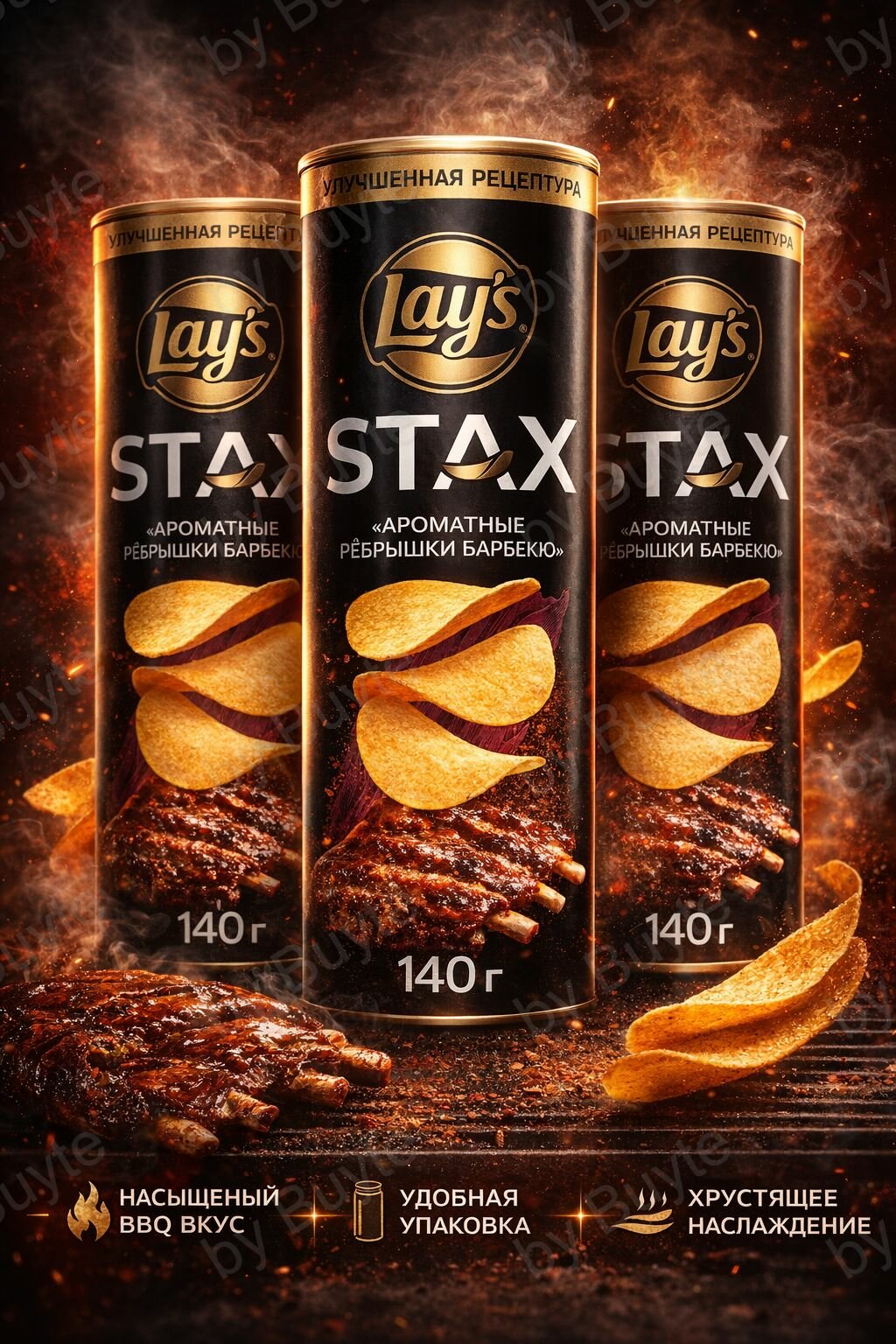 Чипсы картофельные LAY'S/ Лейс Stax Ароматные ребрышки барбекю, 3 по 140г