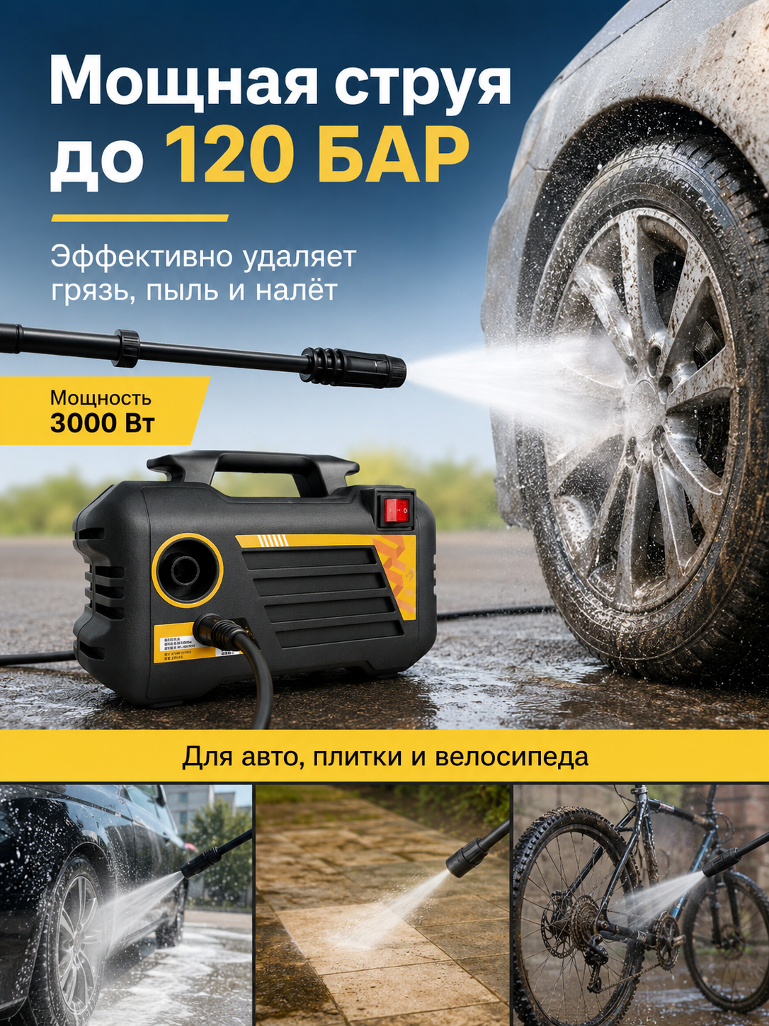 Минимойка, 3000Вт, 120бар, 7м шланг, встроенный фильтр для воды — фото 1