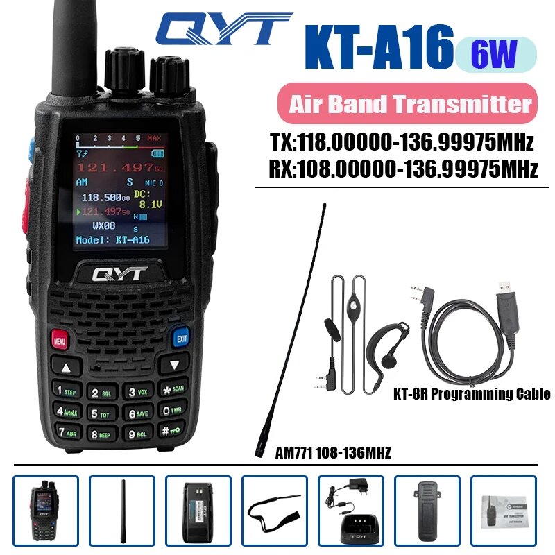 Радиостанция на частотах авиации QYT KT-A16 VHF 108-136 МГц 6Вт с радиостанцией NOAA, сверхгетеродинная схема, дальняя дальность, ручная радиостанция для авиации