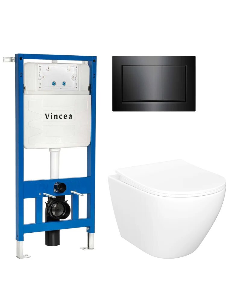 Комплект 4 в 1: Инсталляция Vincea VIS-601 / Унитаз подвесной STWORKI Кронборг S28401WH безободковый, с микролифтом / Кнопка VFP-001MB, матовая черная, Комплект креплений