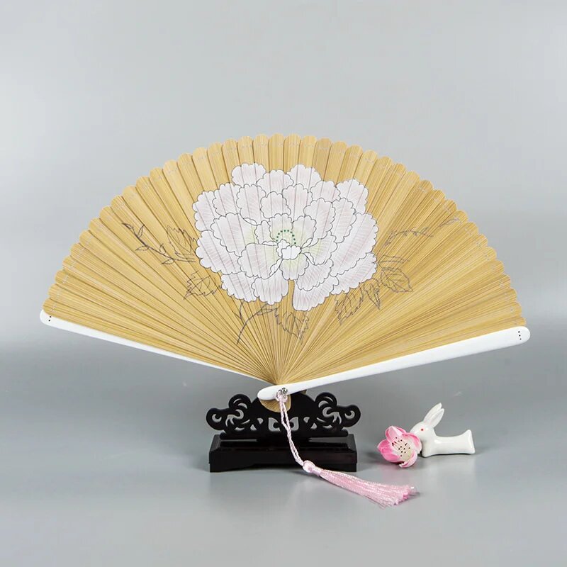 Бамбуковый складной веер ручной работы peony white