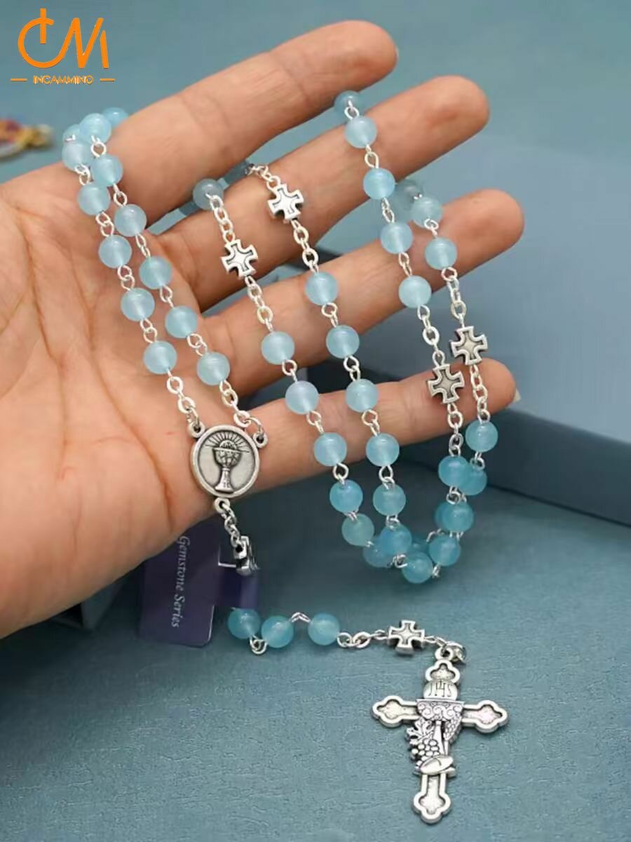 Светло-голубой халцедон Мадонна Чудесная роза розарий крест импортный