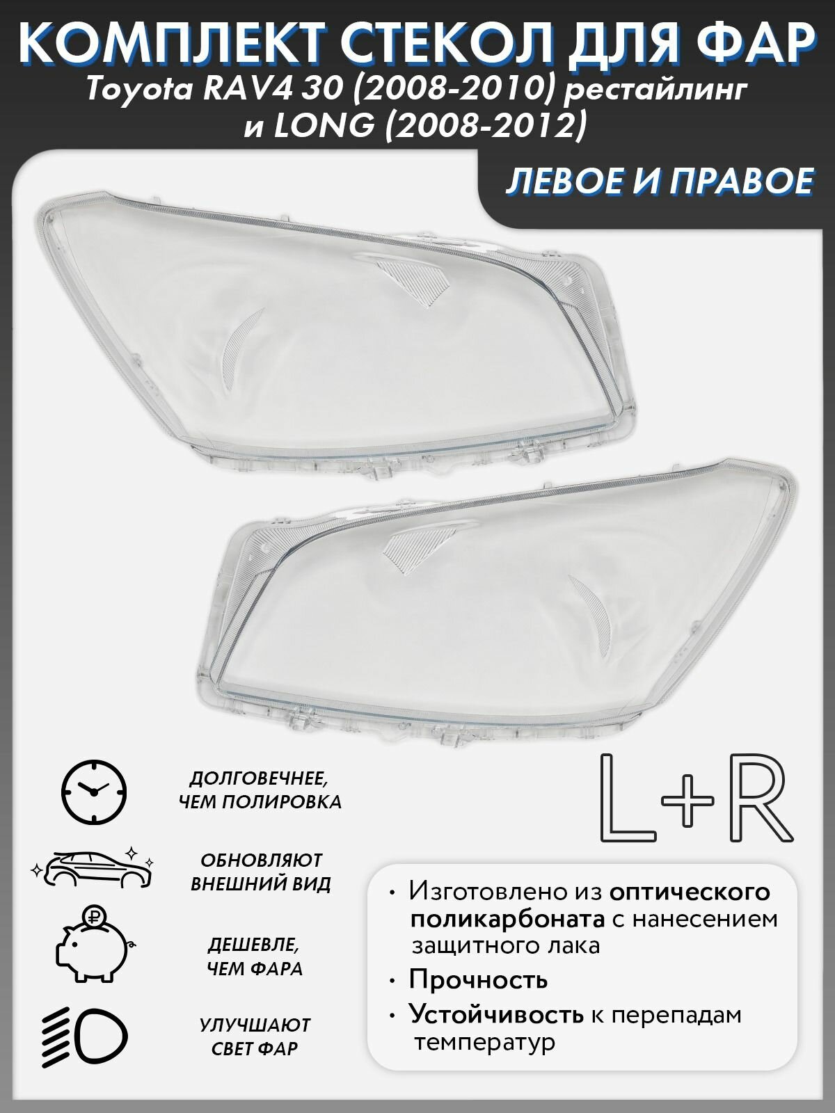 Стекло фары для Toyota RAV4 30 (2008-2010) рестайлинг и LONG (2008-2012) комплект левое+правое, поликарбонат 01-041-LR