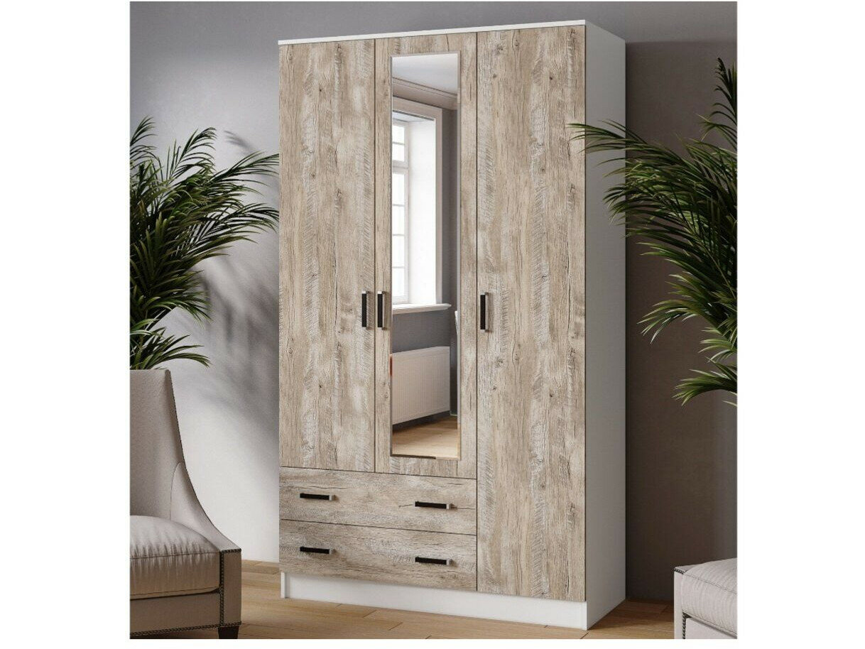 Шкаф комбинированный 1200 с зеркалом, со штангой, полками и 2 ящиками, белый/дуб юкон