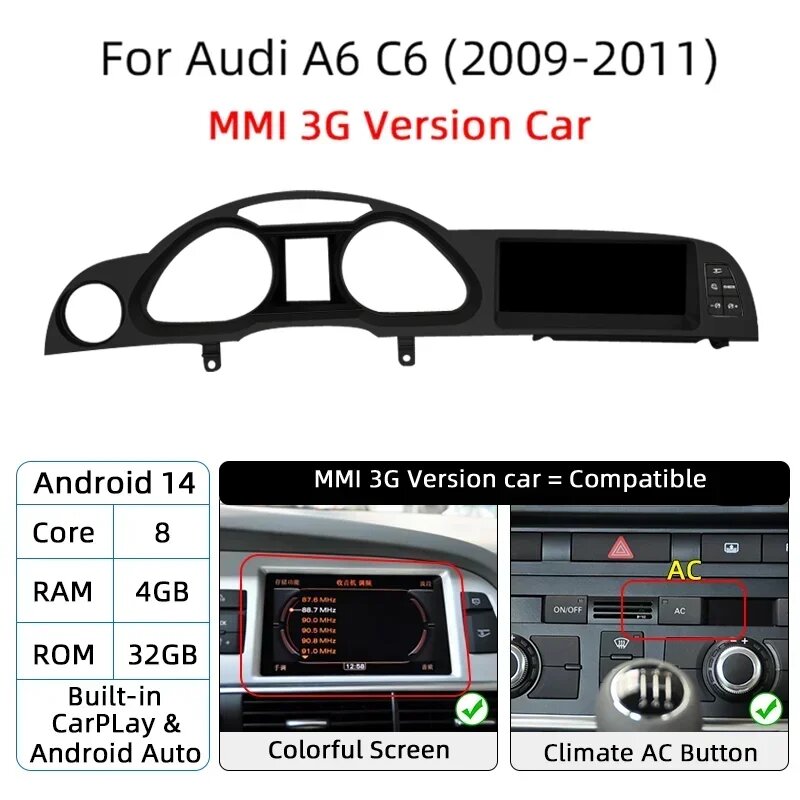 Автомагнитола Android 14 с CarPlay для Audi A6 C6 4F, Audi Q7 4L 2005-2015, MMI 2G A6 4G32 MMI 3G