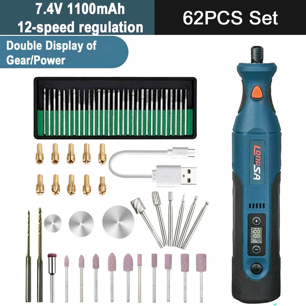 5000-10000-15000 об/мин гравировальная ручка беспроводной электрический шлифовальный 7.4V 62PCS Set