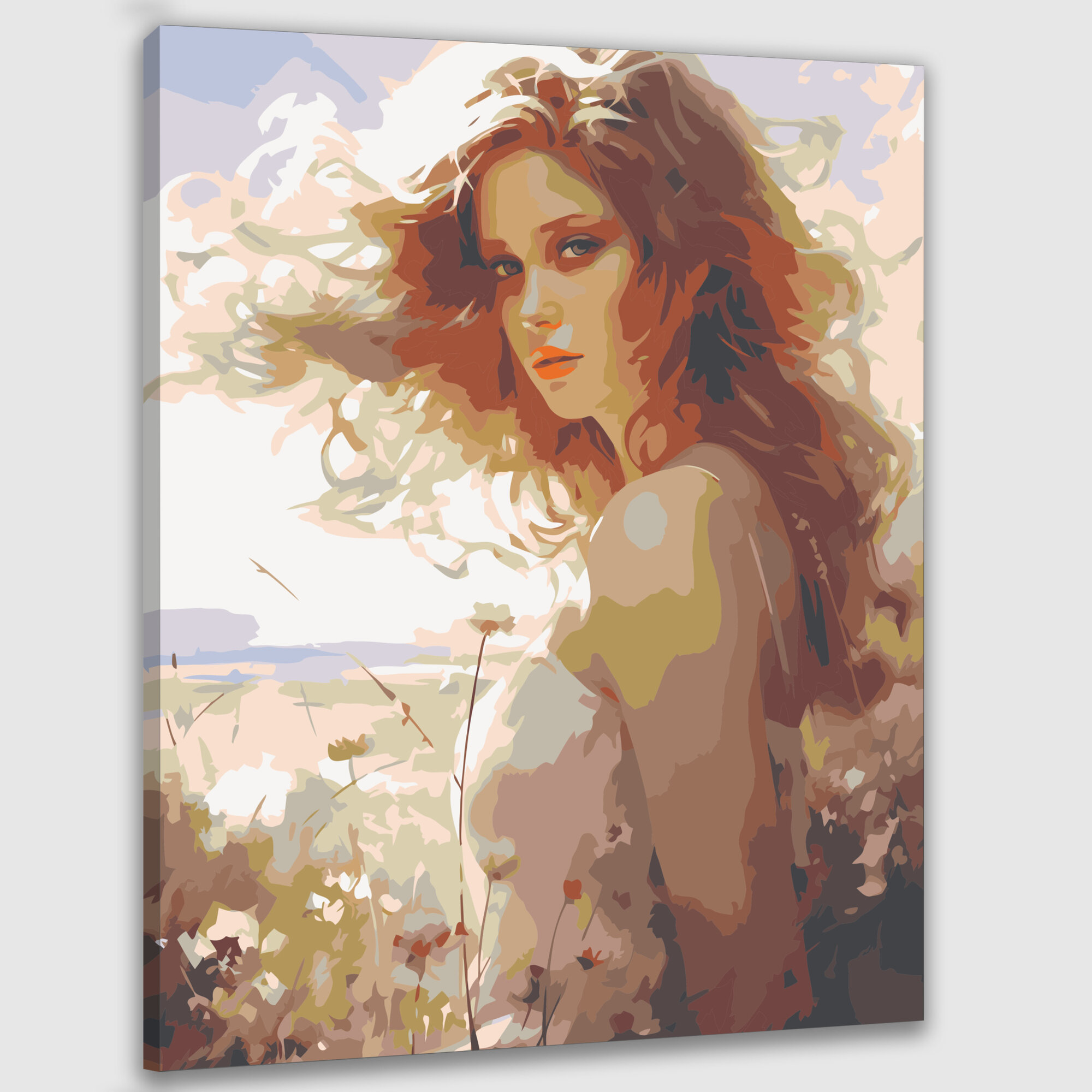 Картина по номерам 40x50 см, девушка, поле, солнце, море, цветы, волосы, ветер, цветовая палитра, спокойствие, природа