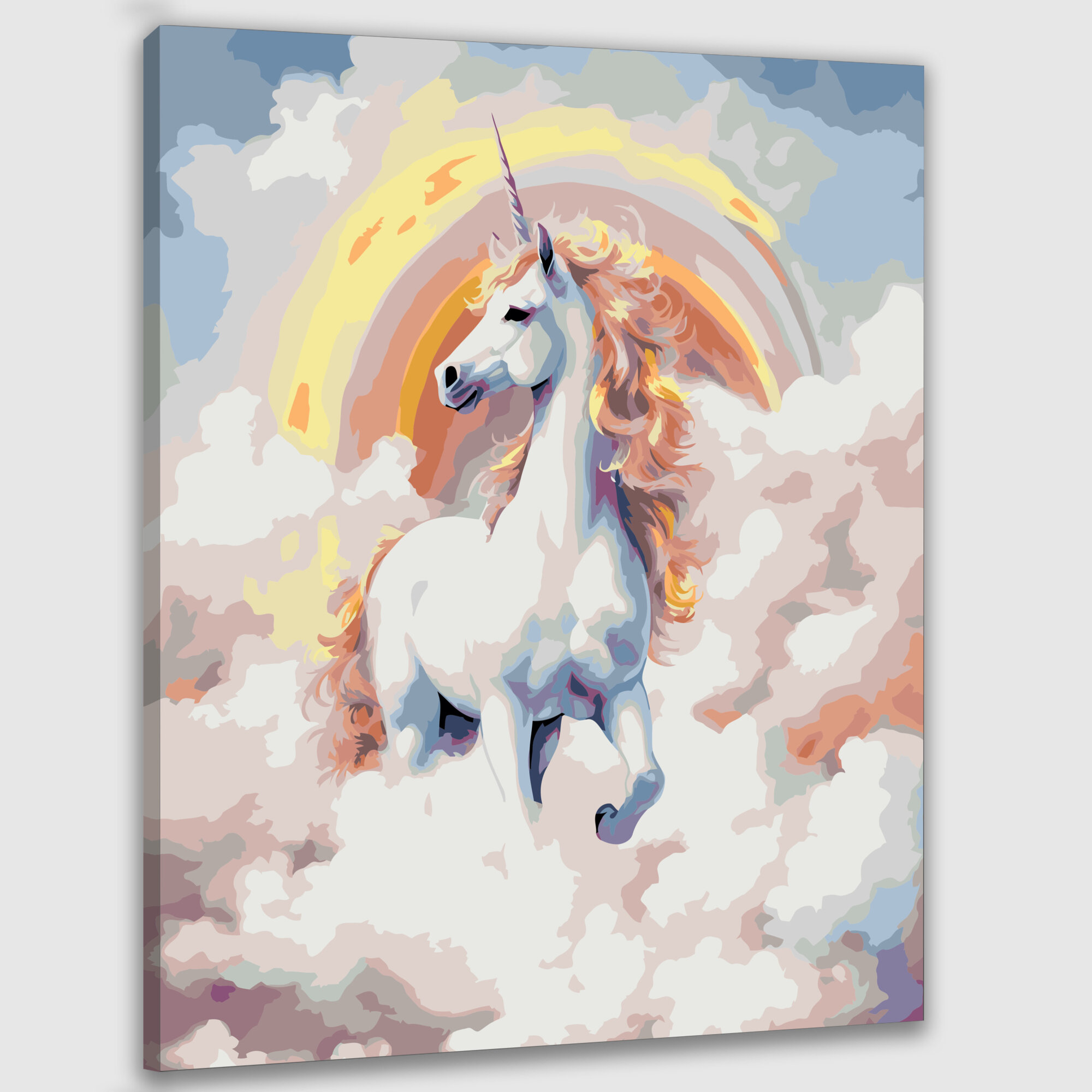 Картина по номерам 40x50 см, единорог, радуга, акварель, иллюстрация, пастельные тона, облака, солнце, небо, чарующая