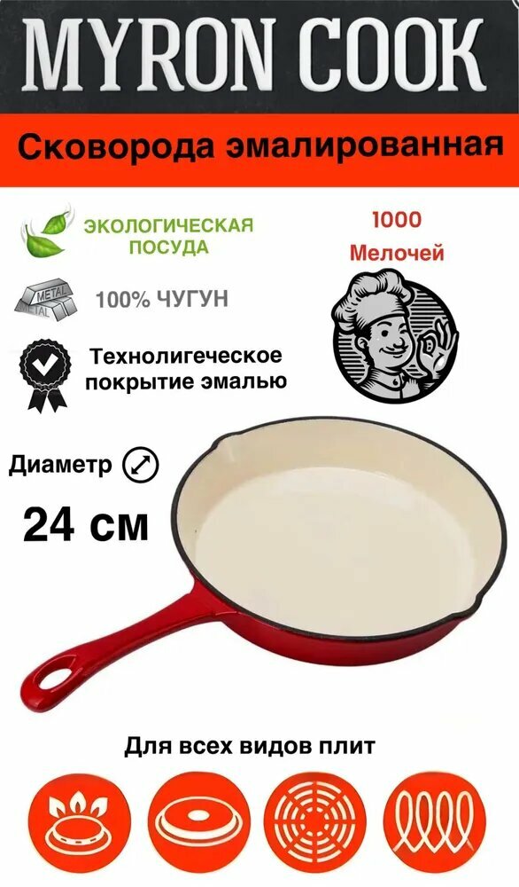 Сковорода, чугун, эмалированное покрытие, 25см, антипригарное, белая/красная