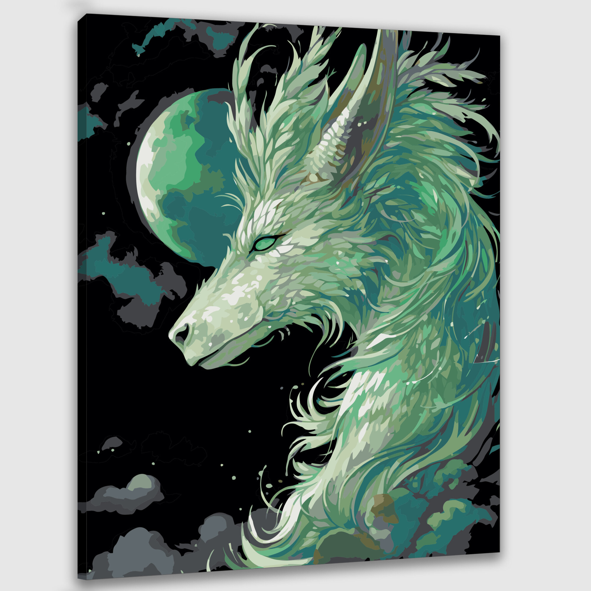 Картина по номерам 40x50 см, акварельная иллюстрация, фантастический дракон, дерево изумрудного оттенк, полярная ночь