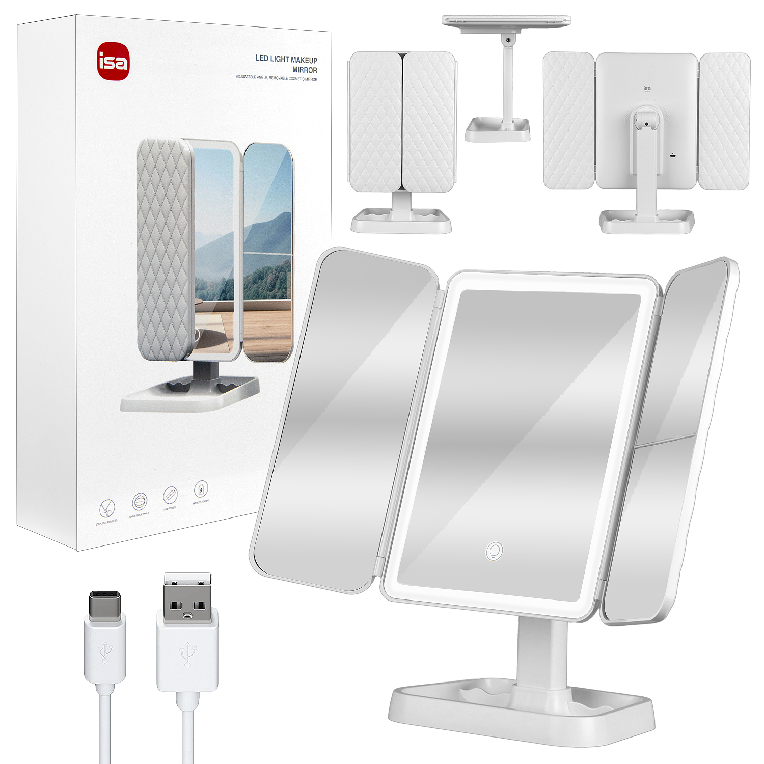 Настольное зеркало для макияжа с увеличением ML-02, с LED-подсветкой, розовое