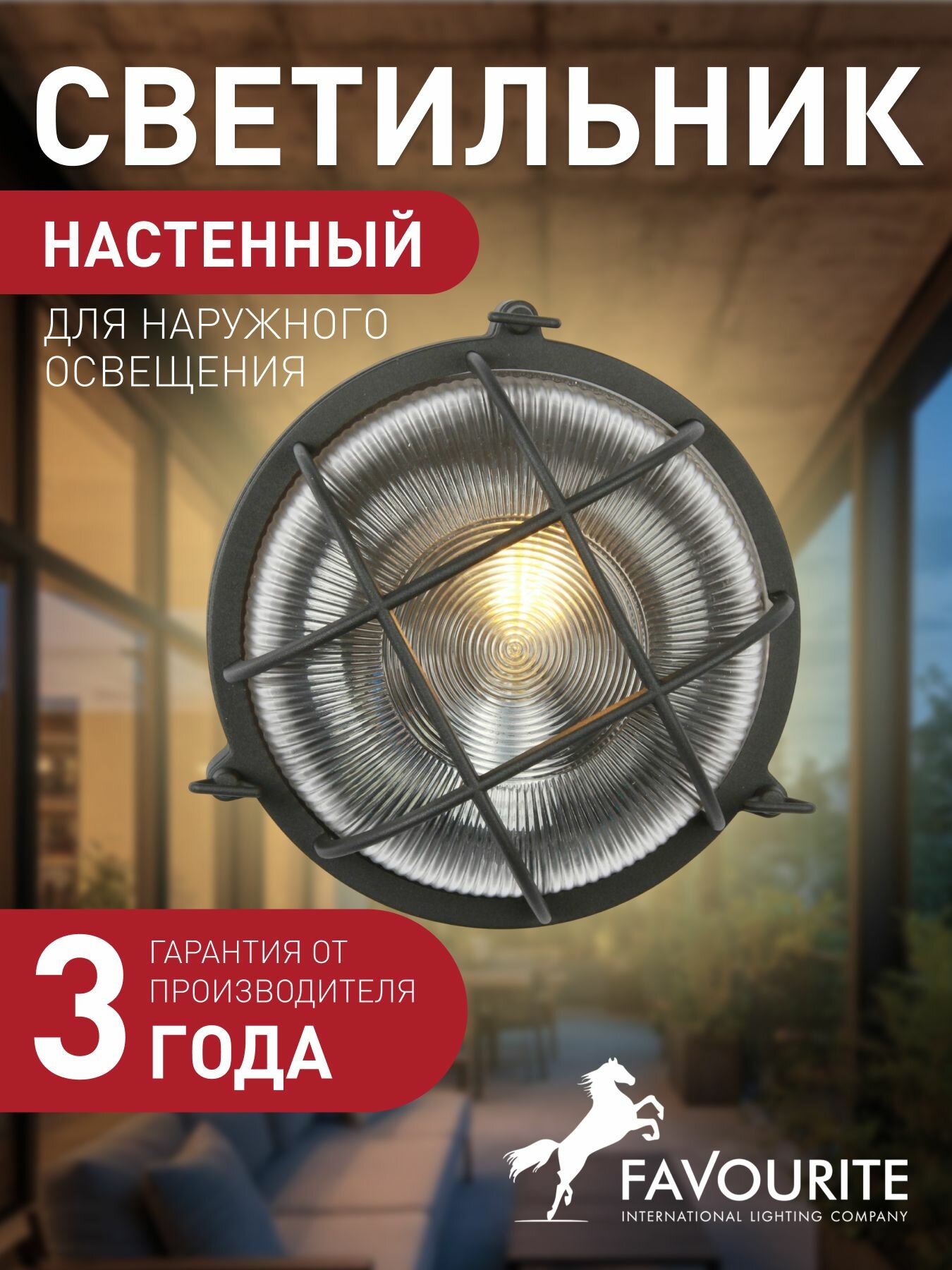 Уличный настенный светильник FAVOURITE 3023-1W, 3 кв м, E27 накаливания/люминесцентная 60 Вт, 3000 К теплый белый, IP54, стекло