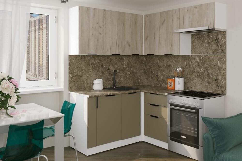 GER Кухонный гарнитур Альба мега прайм, Цвет Дуб Браун/Мокко, ширина 160*170 см, с навесными шкафами, с выдвижными ящиками, с тумбой под мойку