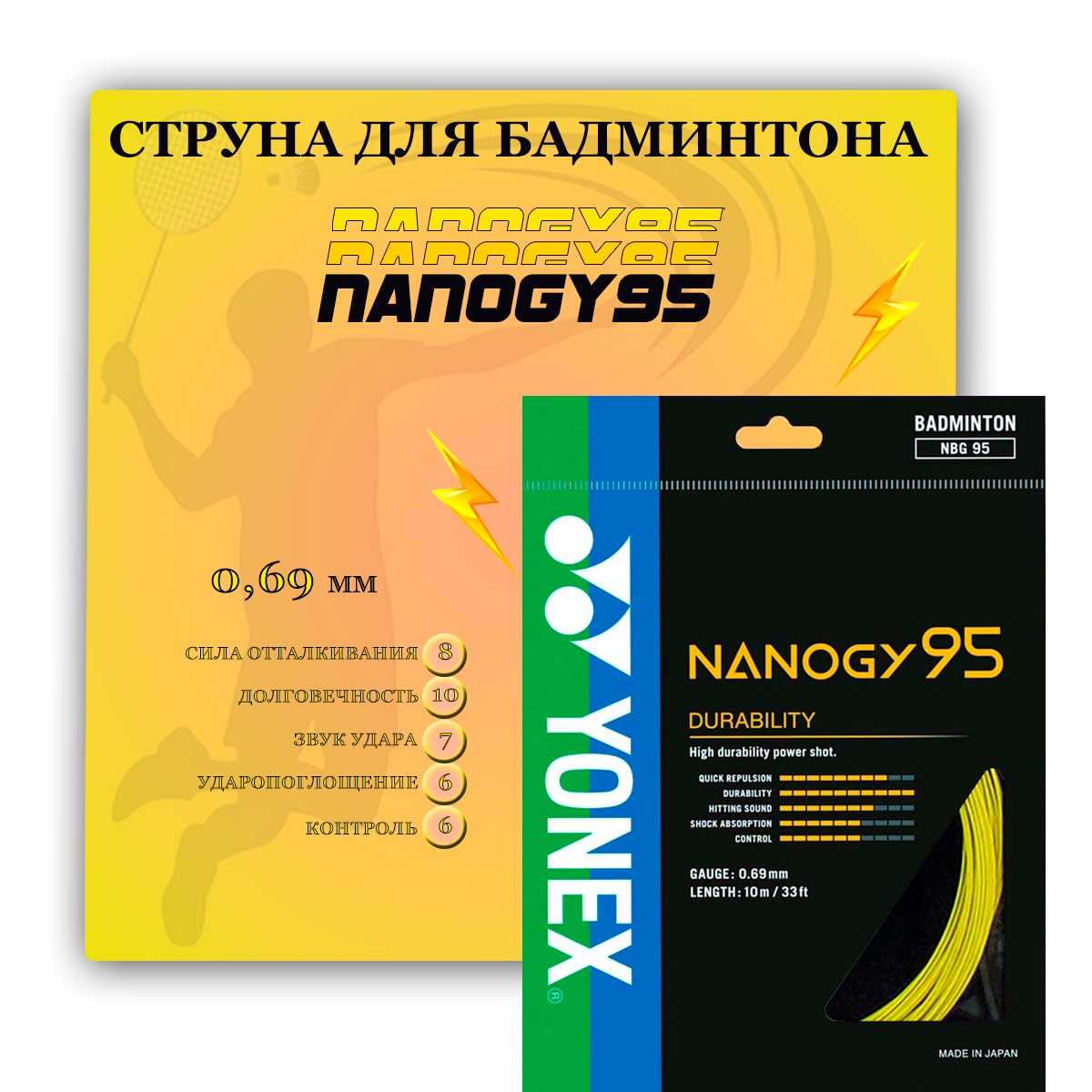 Струна YONEX NANOGY95, для бадминтона, желтая, длина 10 м, толщина 0,69 мм, 1шт