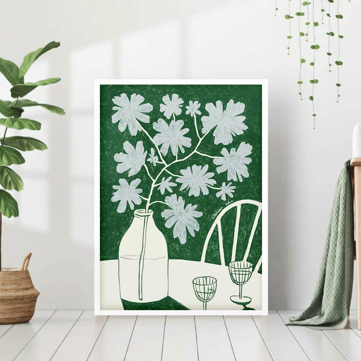 Постер "Абстракция на зеленом фоне" 40x50 в белой рамке для интерьера на стену