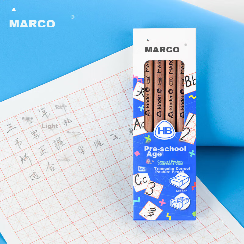 Marco HB Cedar Wood Pencils for Preschoolers, Thick Triangular Easy-Grip Writing Pencils, 4-Pack (With Eraser And Sharpener), 610 Children's Series for Art And Sketching